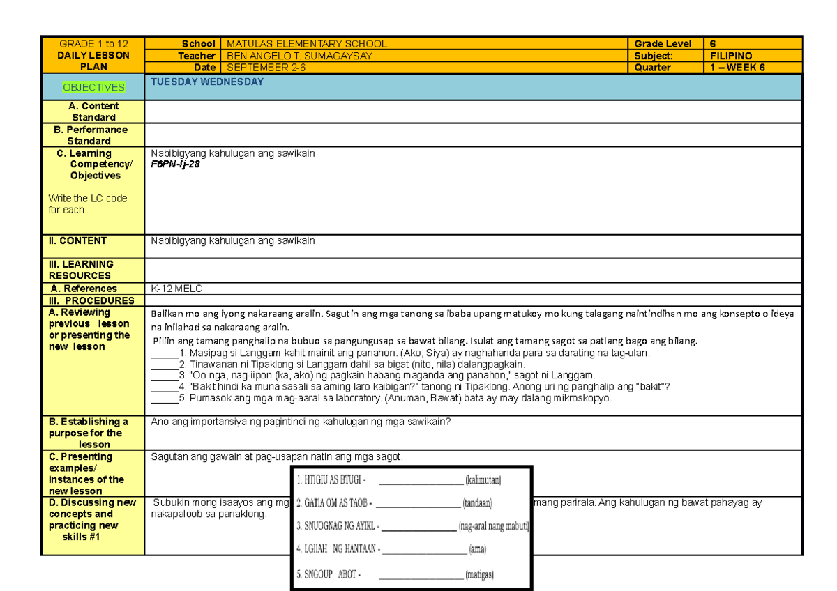 WEEK 6 DAILY LESSON PLAN - FILIPINO GRADE 6 (MATULAS ELEMENTARY) - Studocu