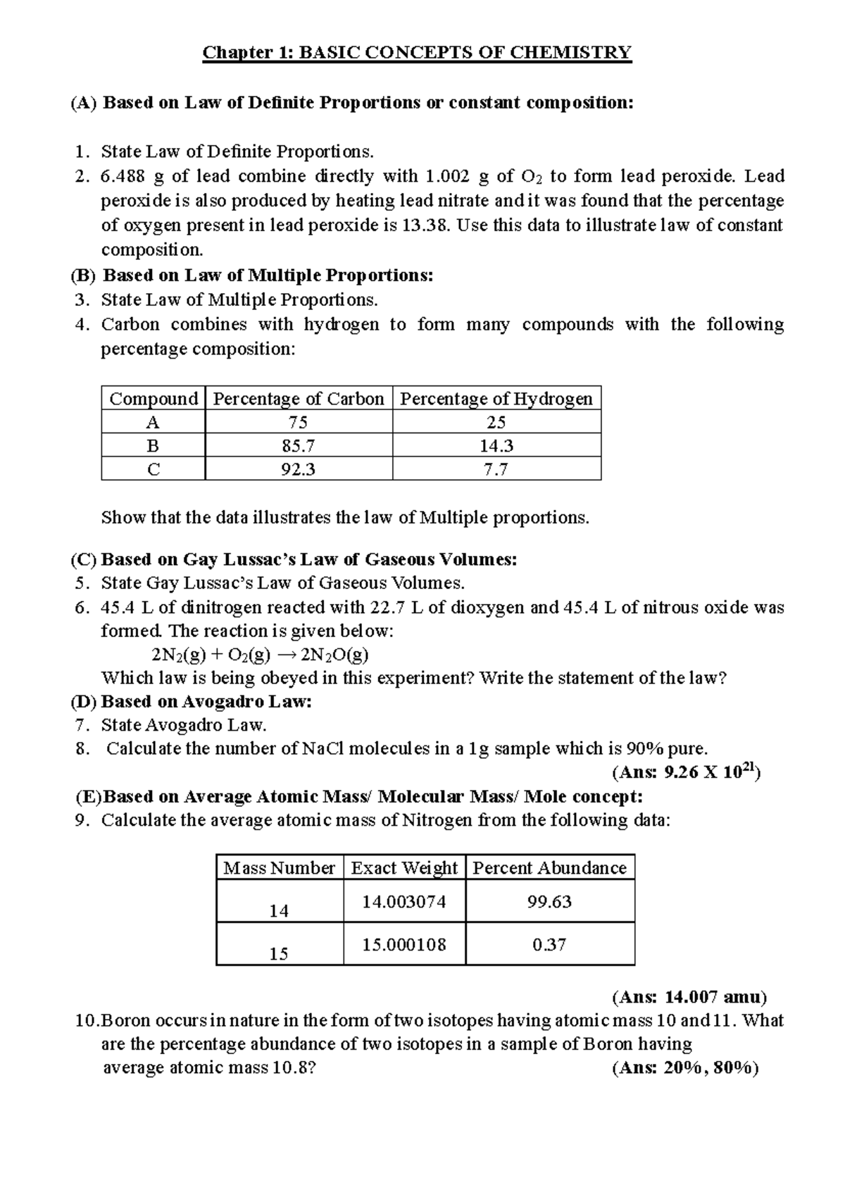 Chapter 1: Basic Concepts of Chemistry (CHEM101) - Laws of Composition ...
