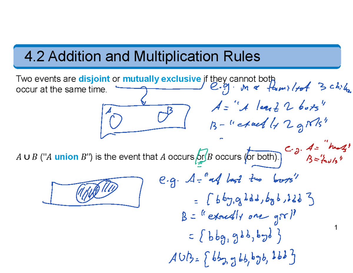 Section 4.2 Addition and Multiplication Probability - 1 4 Addition and ...