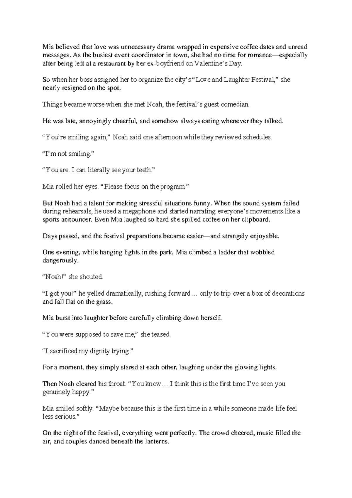 Romantic Comedy Short Story: Mia & Noah's Festival Adventure - Studocu
