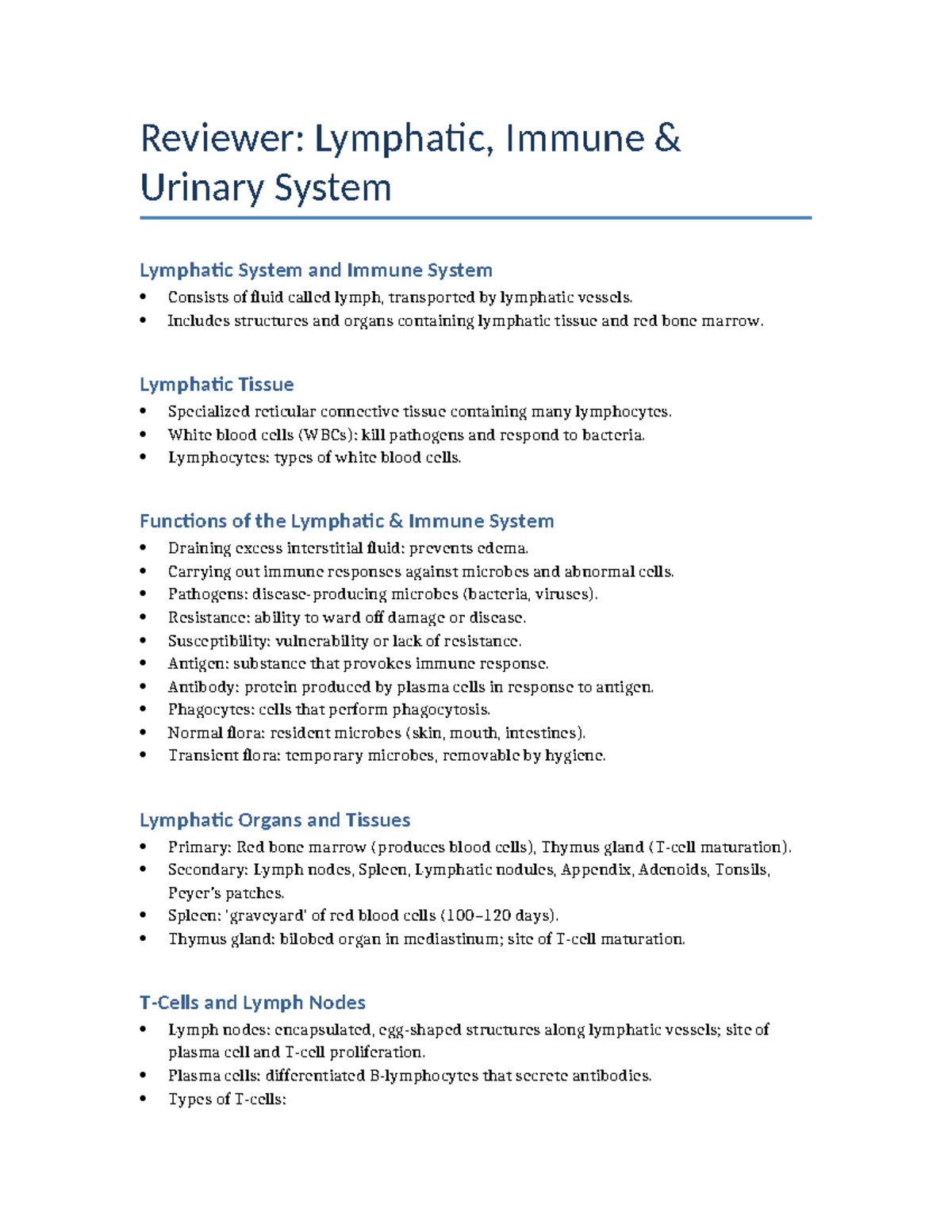 Lymphatic & Immune System Review for Urinary System (BIO 101) - Studocu