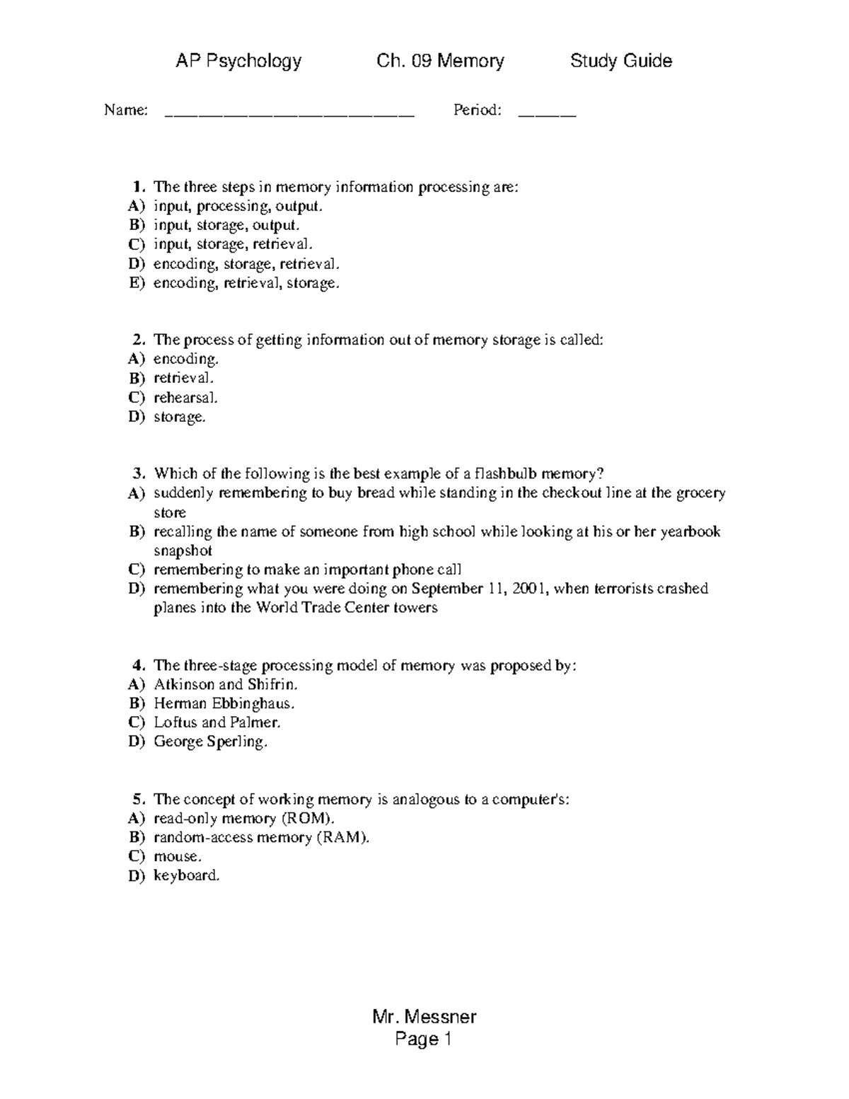 Ch 9: Memory - Chapter Review Questions and Answers - Studocu