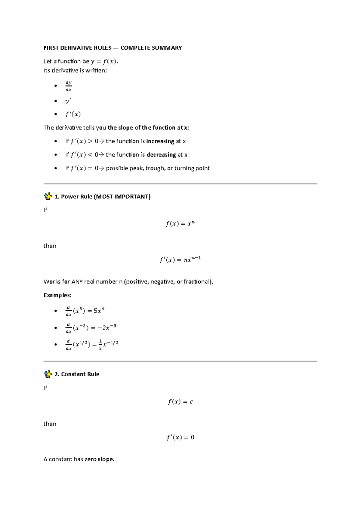 MATH 101: First Derivative Rules Complete Summary - Studocu