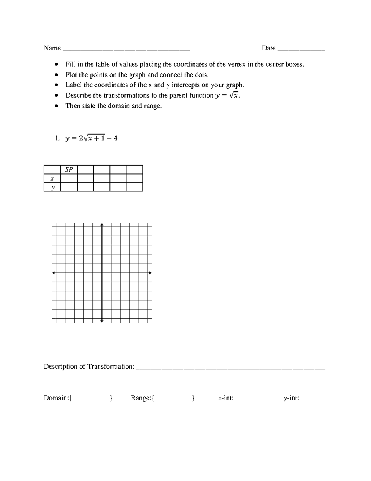 Square Root Radical Graphing Extra Practice - Transformations & Values ...