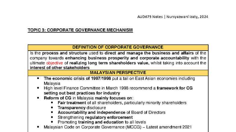 AUD679 Topic 3: Corporate Governance Mechanisms Overview - Studocu