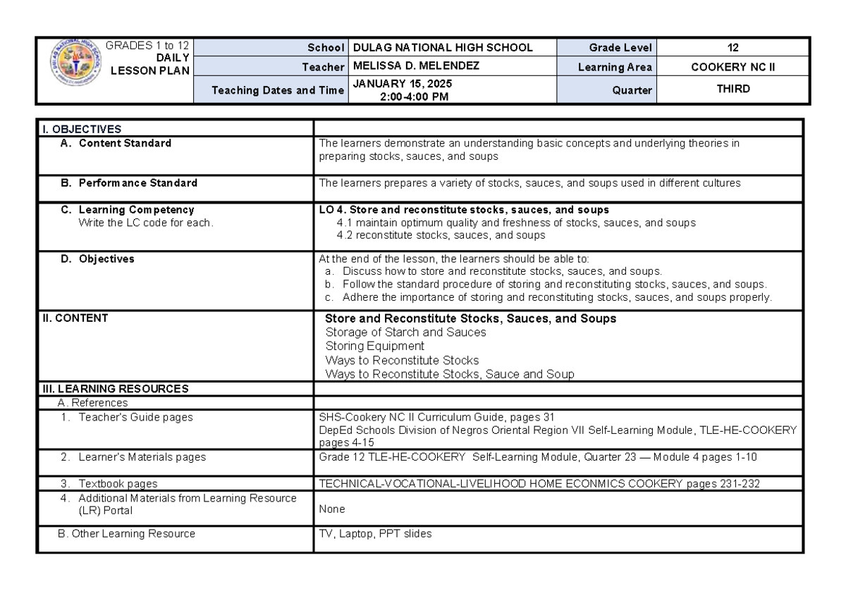 Grade 12 Cookery NC II: Daily Lesson Plan on Stocks, Sauces, and Soups ...