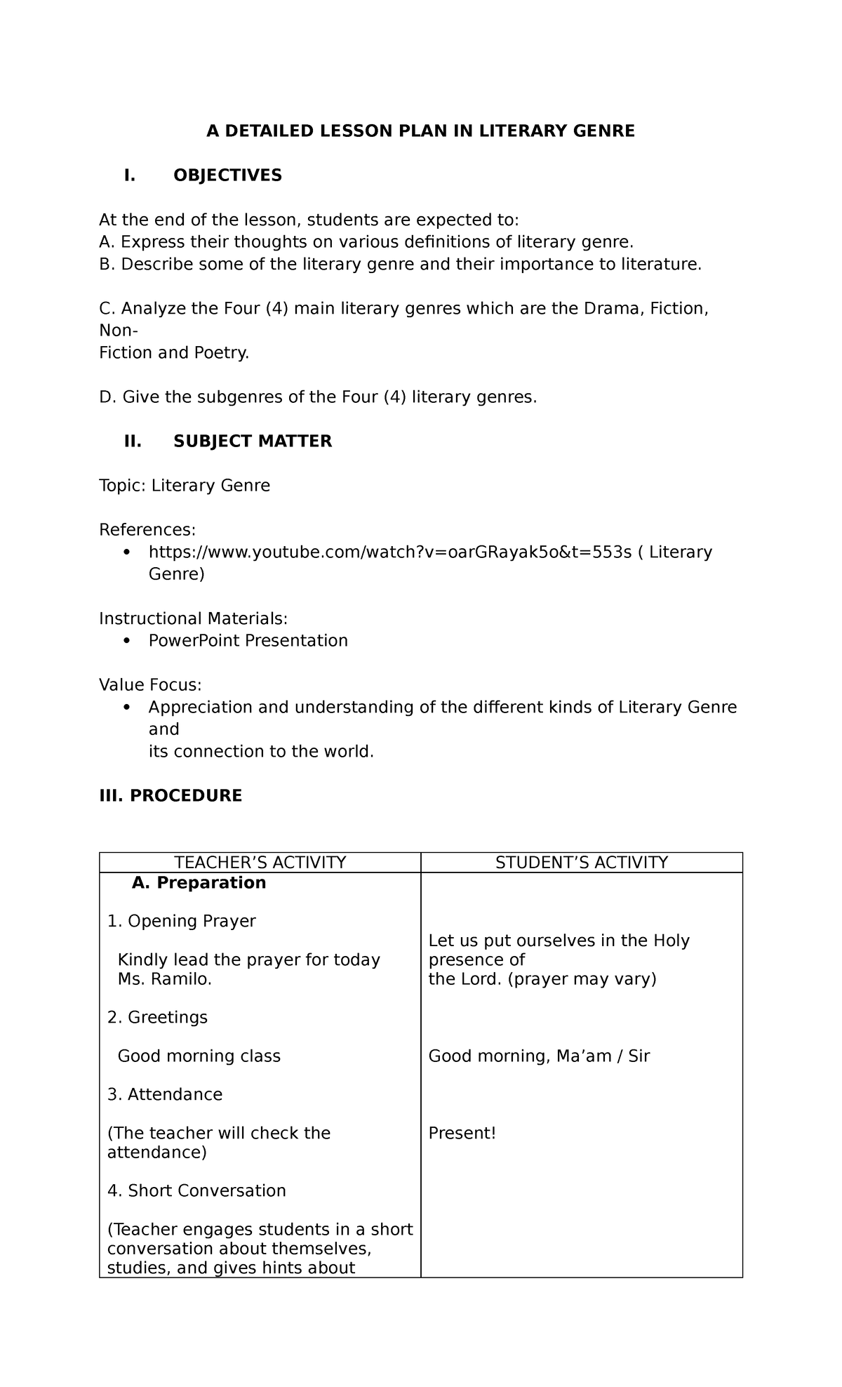 A Detailed Lesson PLAN IN Literary Genre - A DETAILED LESSON PLAN IN ...