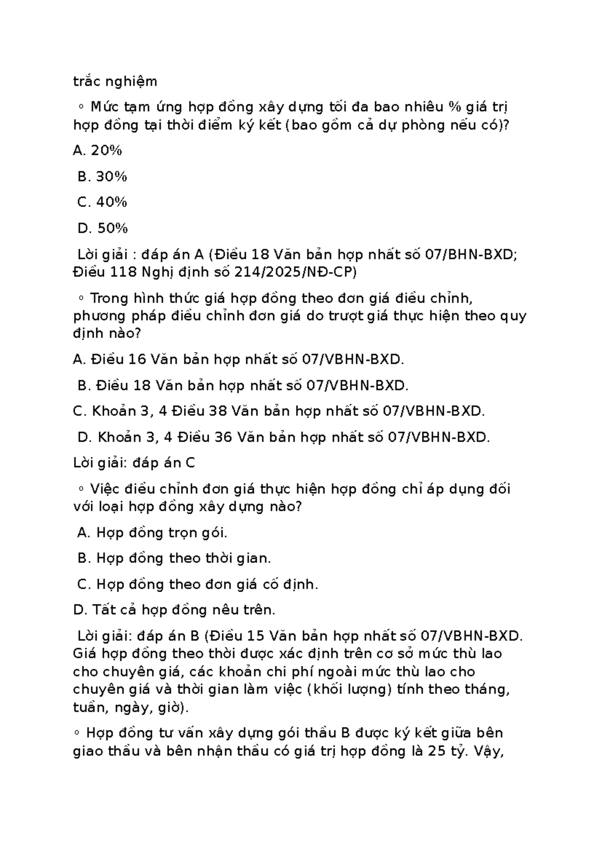 Trắc nghiệm Hợp đồng Xây dựng và Mức Tạm Ứng (Mã: asdd) - Studocu