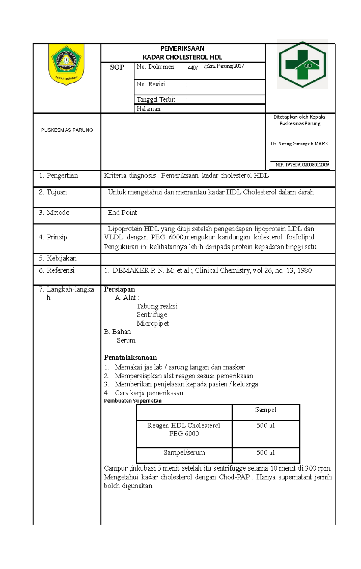 Pemeriksaan Kadar Cholesterol HDL: Metode dan Prosedur Lab - Studocu