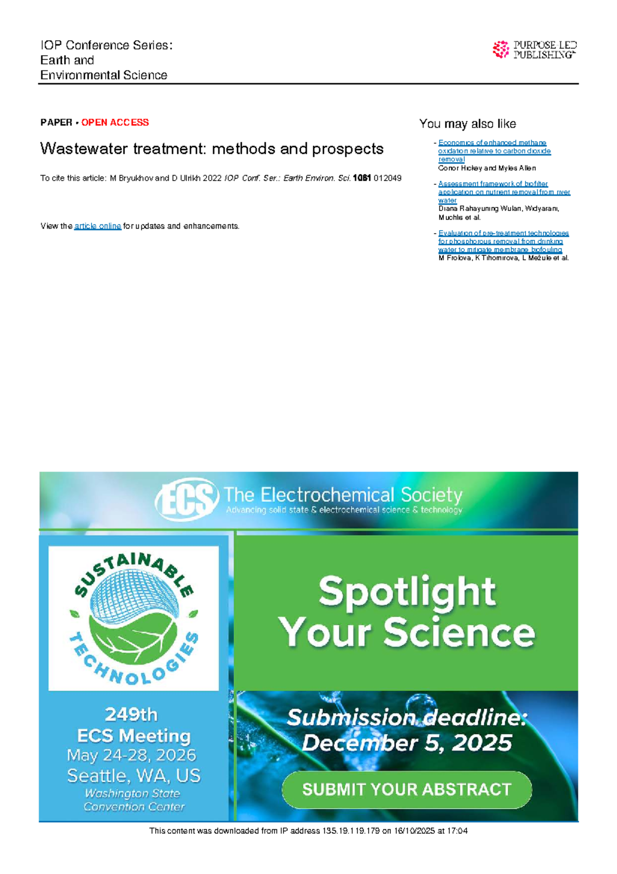 IOP Conf. Ser.: Earth & Environ. Sci. 1061 - Wastewater Treatment ...