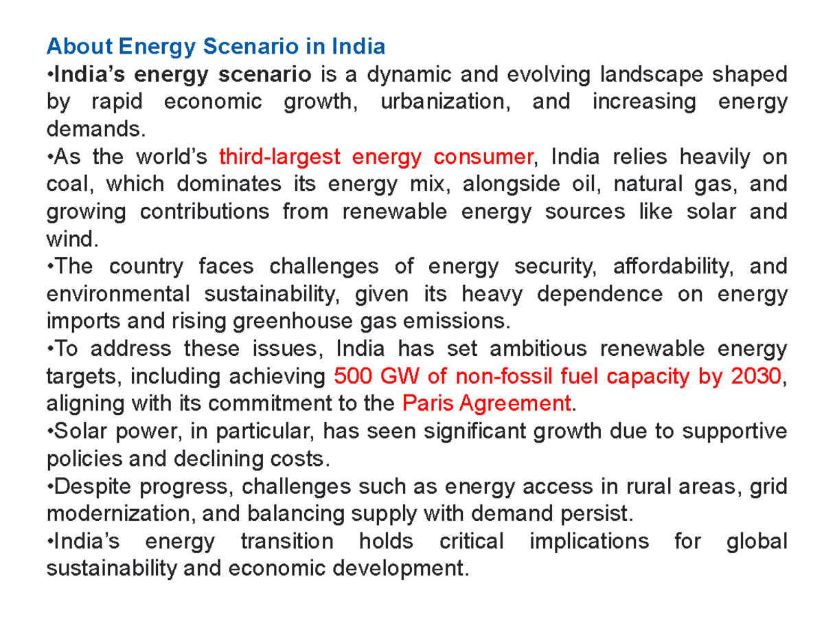 Energy Scenario in India: Challenges and Renewable Targets (UNIT 4 ...