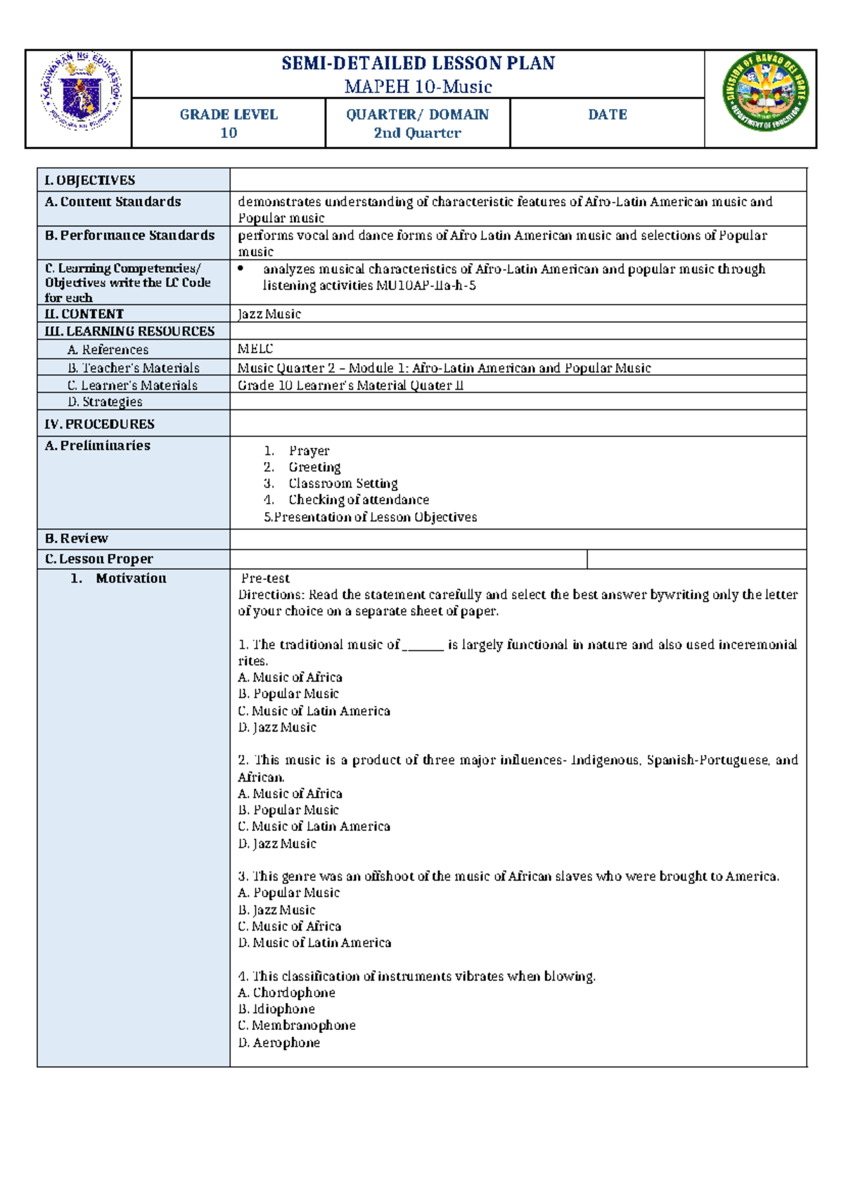 JAZZ Dance Lesson Plan - MAPEH 10 Music (2nd Quarter) - Studocu