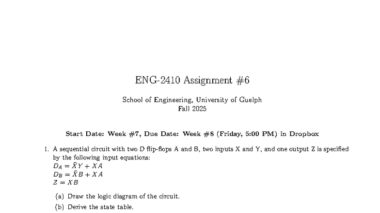 Eng241 - Assignment 6: Sequential Circuits & Logic Diagrams F25 - Studocu
