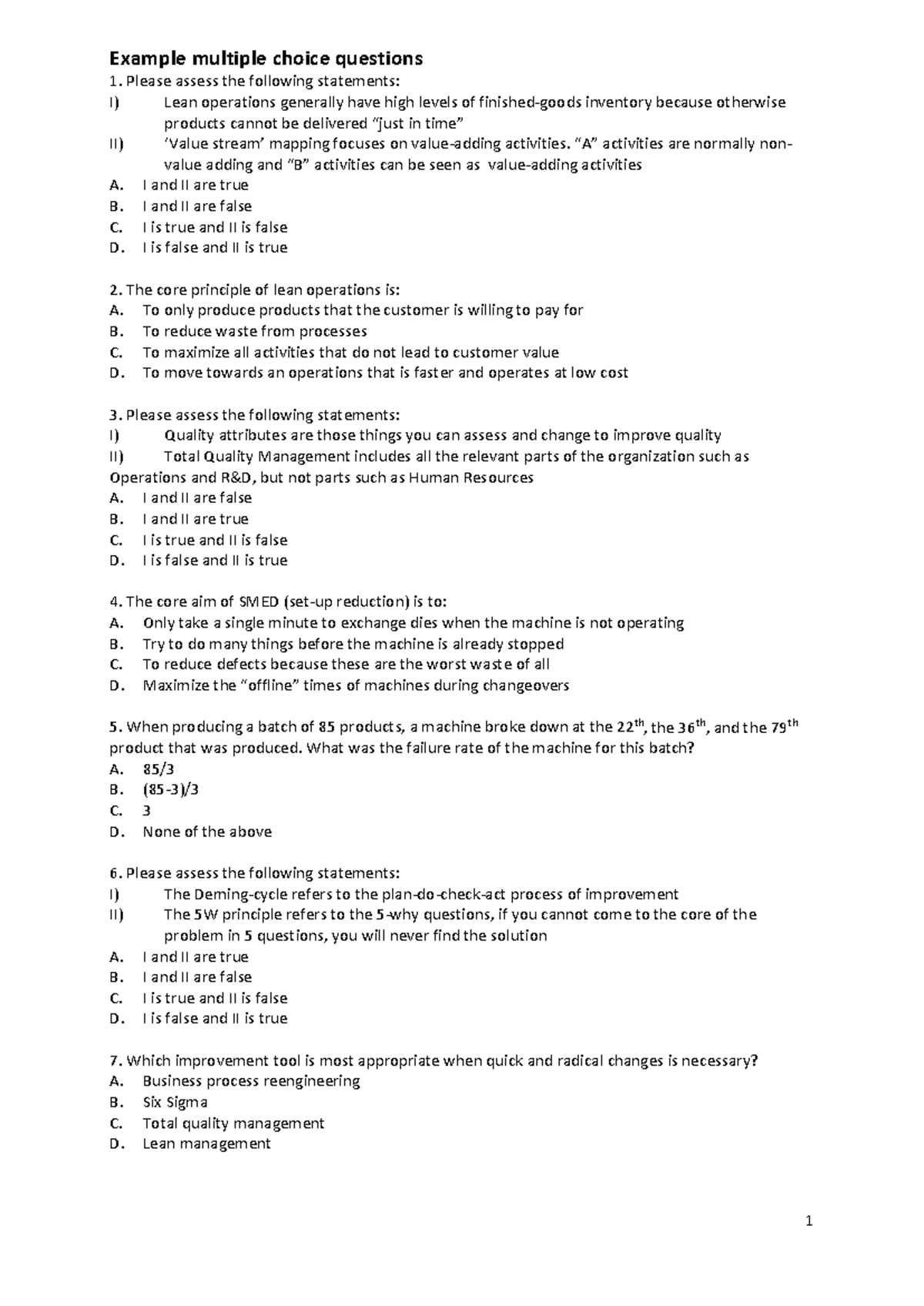 Example Exam Questions OS Test 2: Lean Operations & Quality Management ...