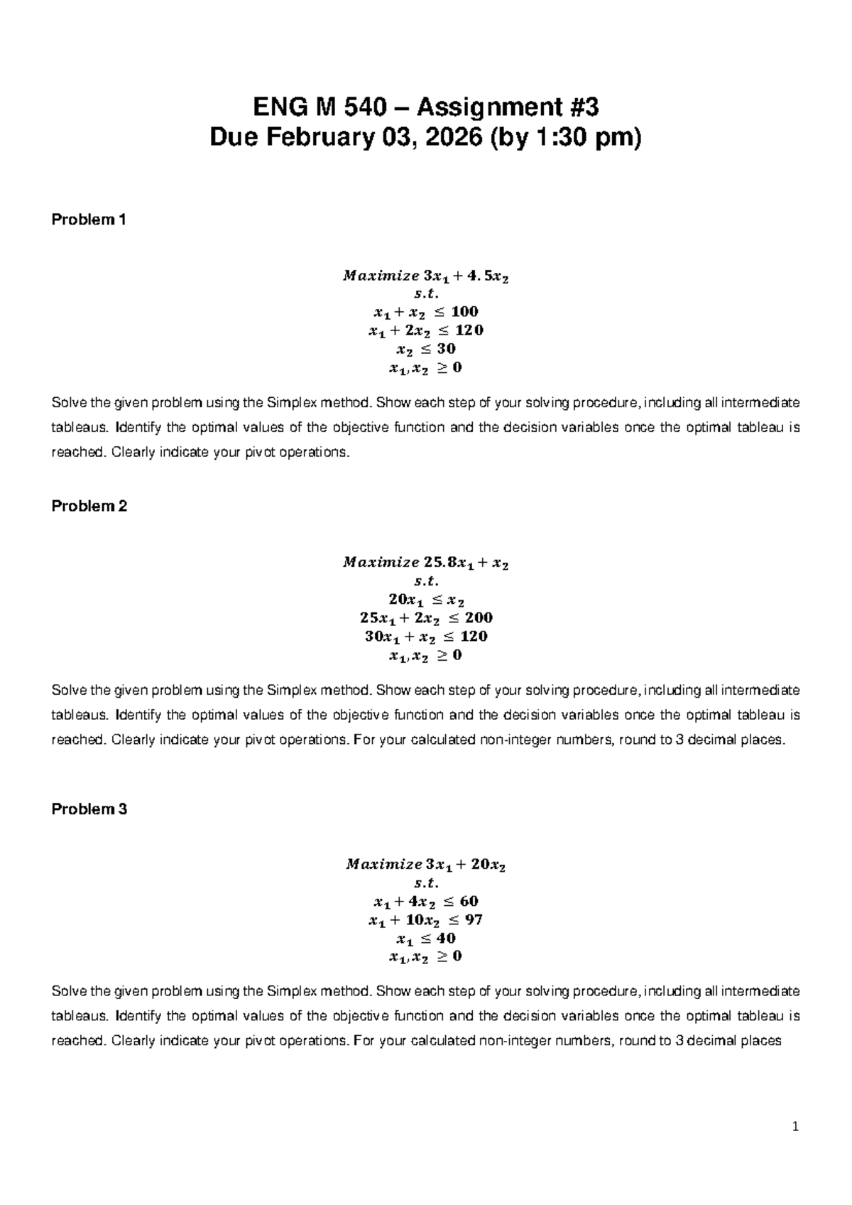 ENG M 540 Assignment 3: Simplex Method Problems & Solutions - Studocu