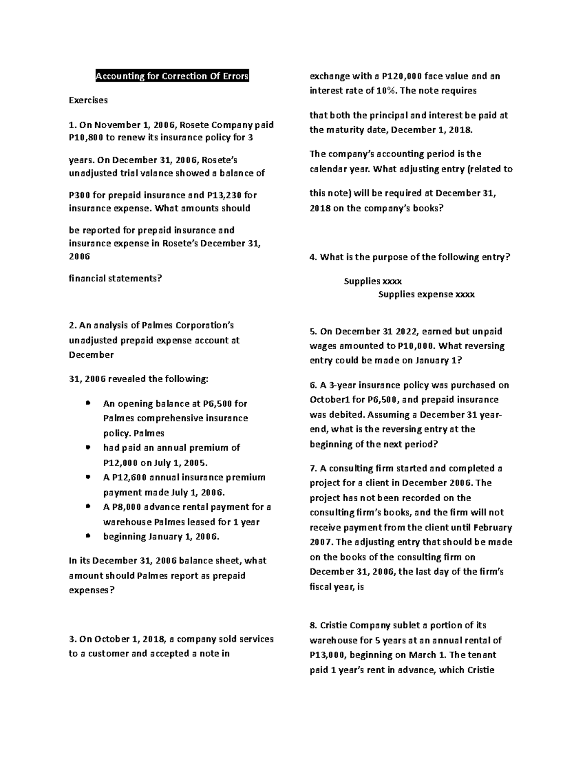 Accounting for Correction of Errors: Key Exercises & Adjustments - Studocu