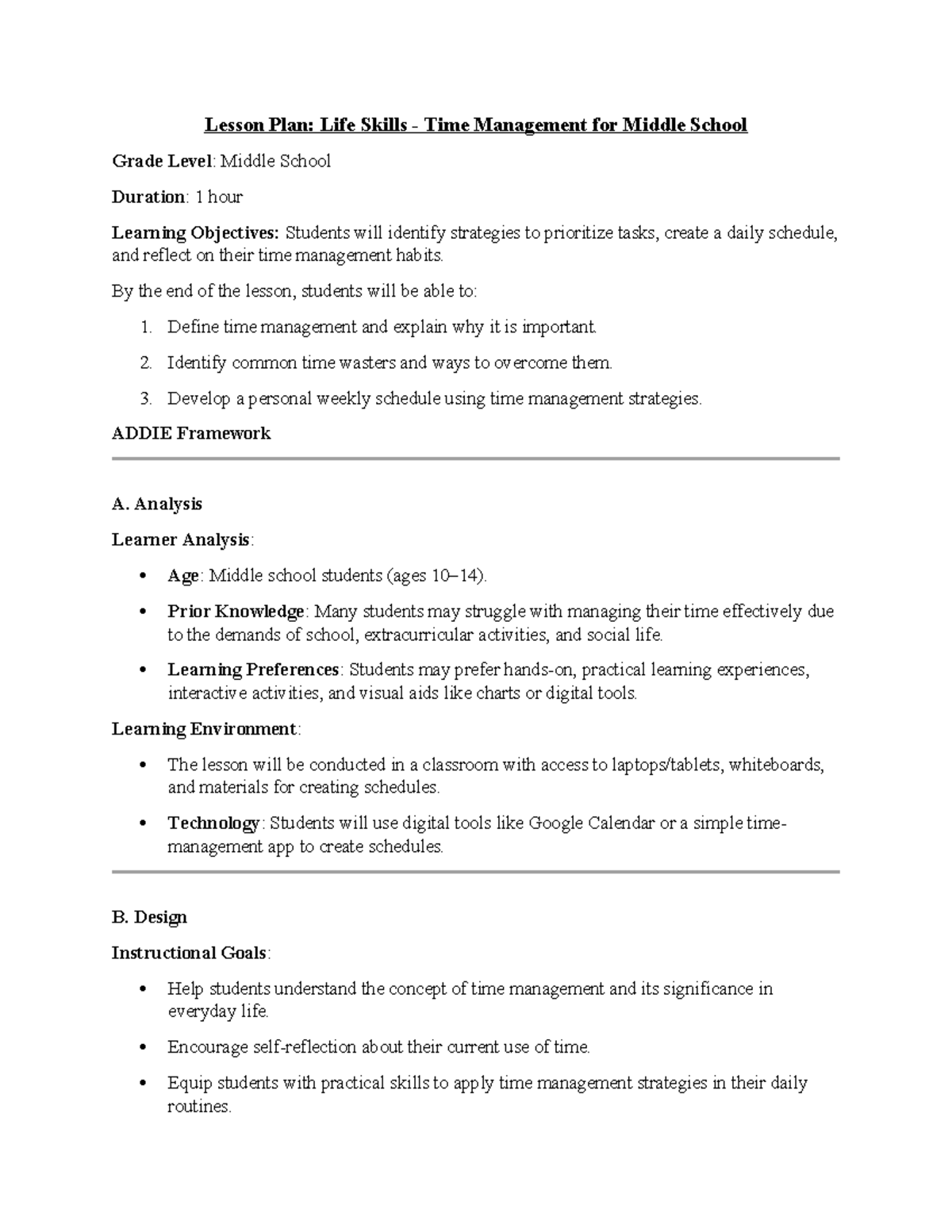D631 - Lesson Plan: Life Skills Time Management for Middle School - Studocu