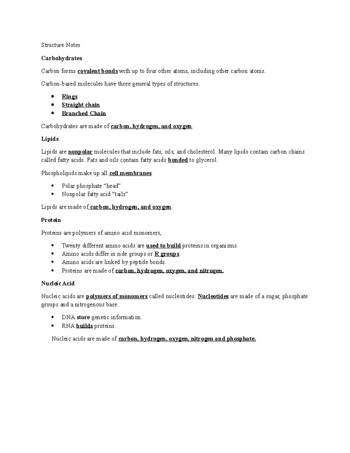 Biology Structure Notes: Carbohydrates, Lipids, Proteins, Nucleic Acids ...