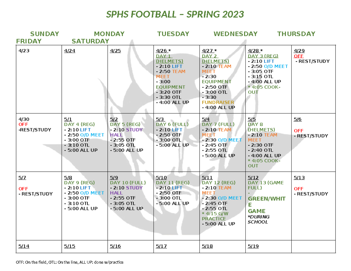 SPHS Football Spring 2023 Weekly Schedule and Activities - Studocu
