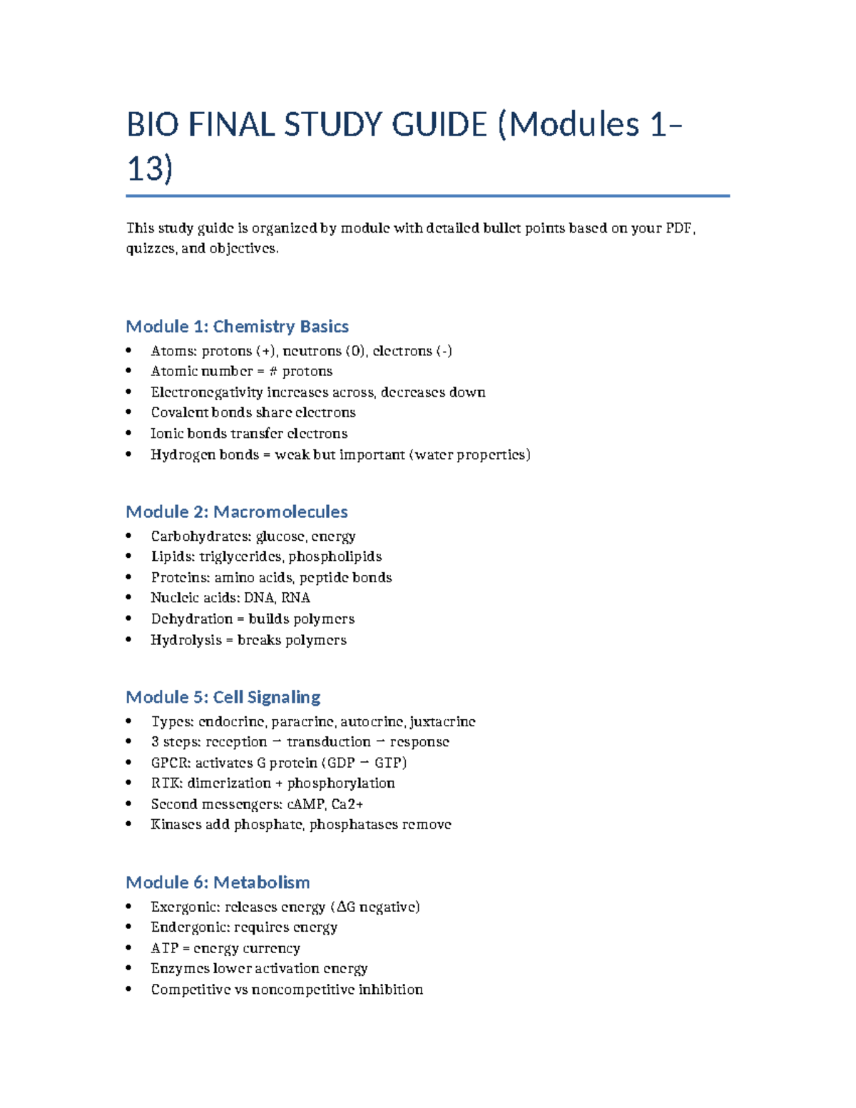 BIO 101 FINAL STUDY GUIDE (Modules 1-6) - Studocu