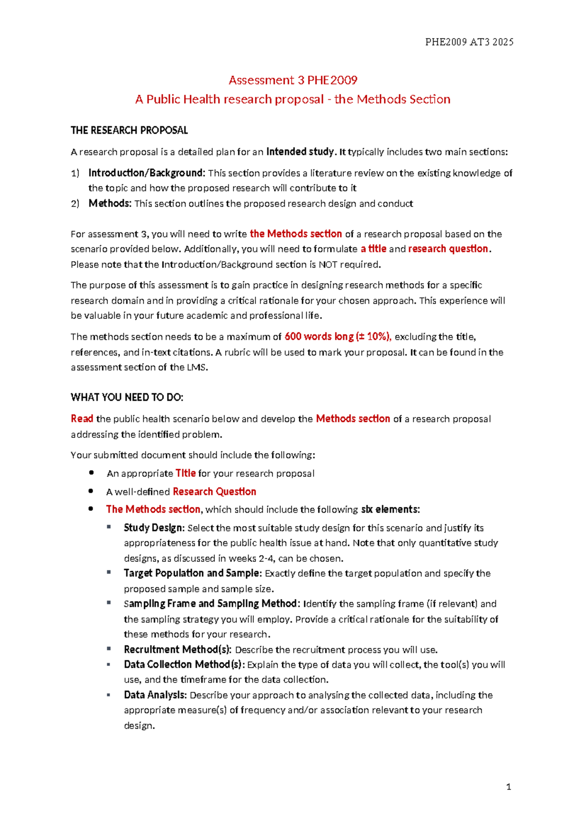 PHE2009 AT3 2025 Methods Section for Public Health Research Proposal ...