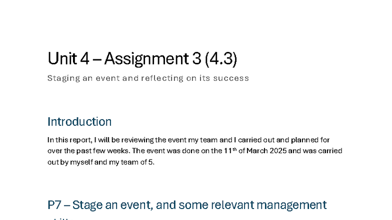Unit 4 – Assignment 3 (4.3) Reflection on Event Planning Success - Studocu