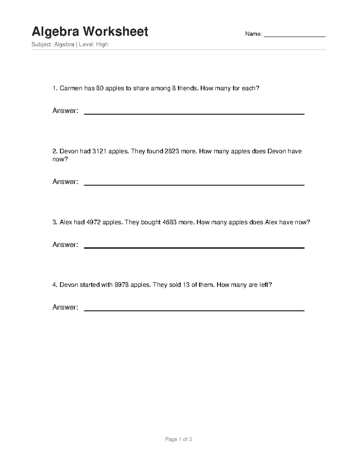 Algebra Worksheet - High Level Exercises and Answers - Studocu