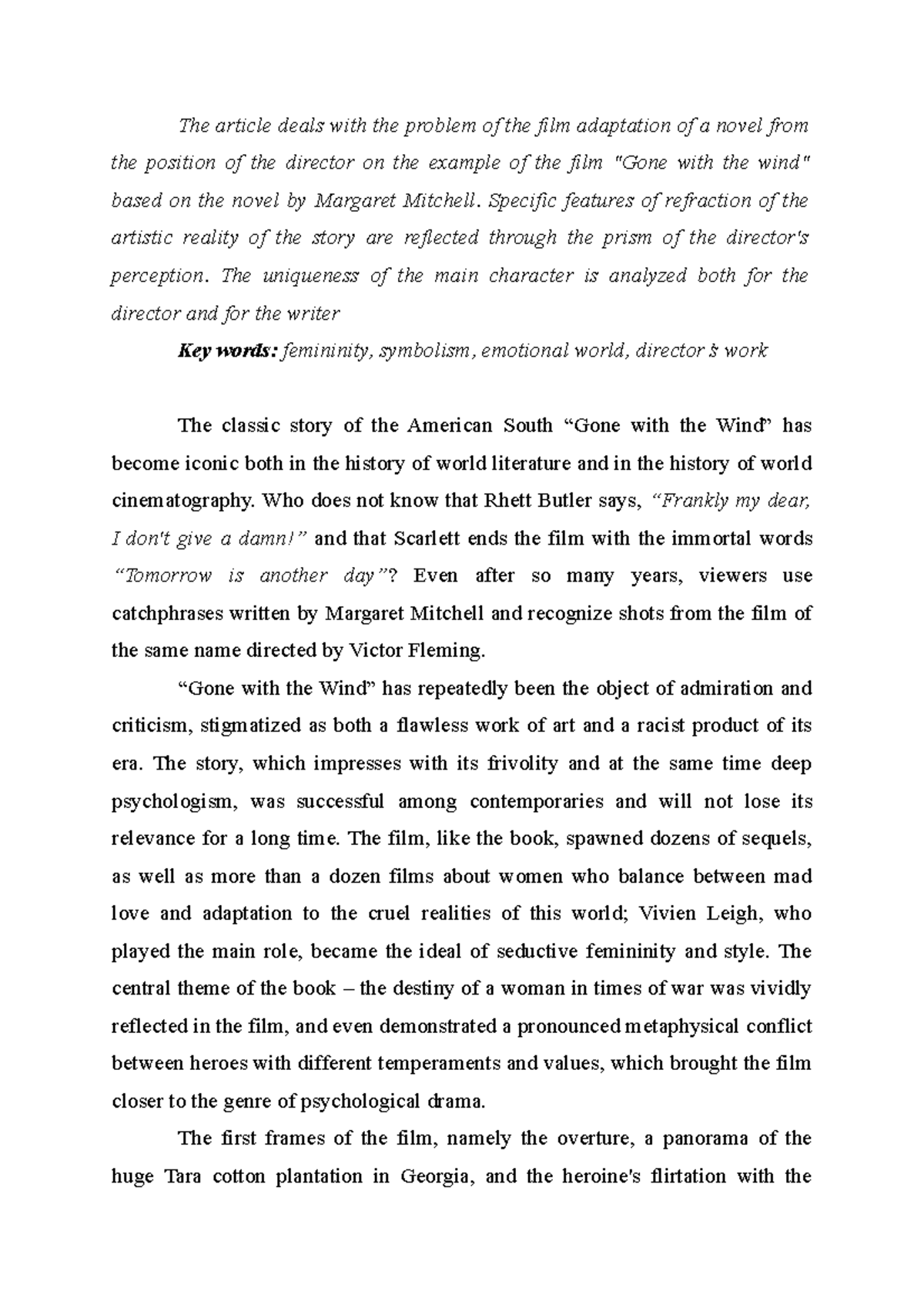 Gone with the Wind: An Essay on Film Adaptation and Direction - Studocu