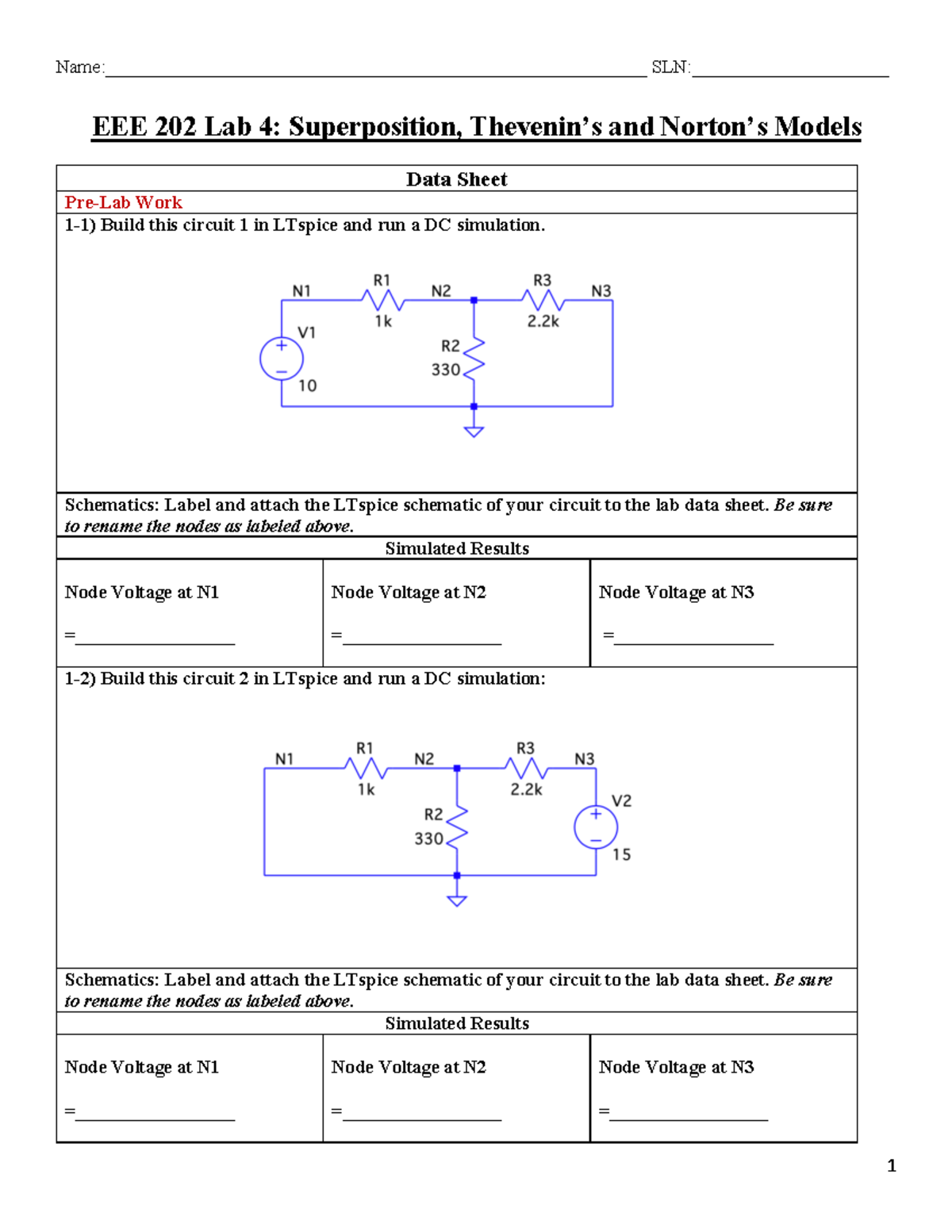 EEE 202 Lab 4 Data Sheet: Superposition, Thevenin & Norton Analysis ...