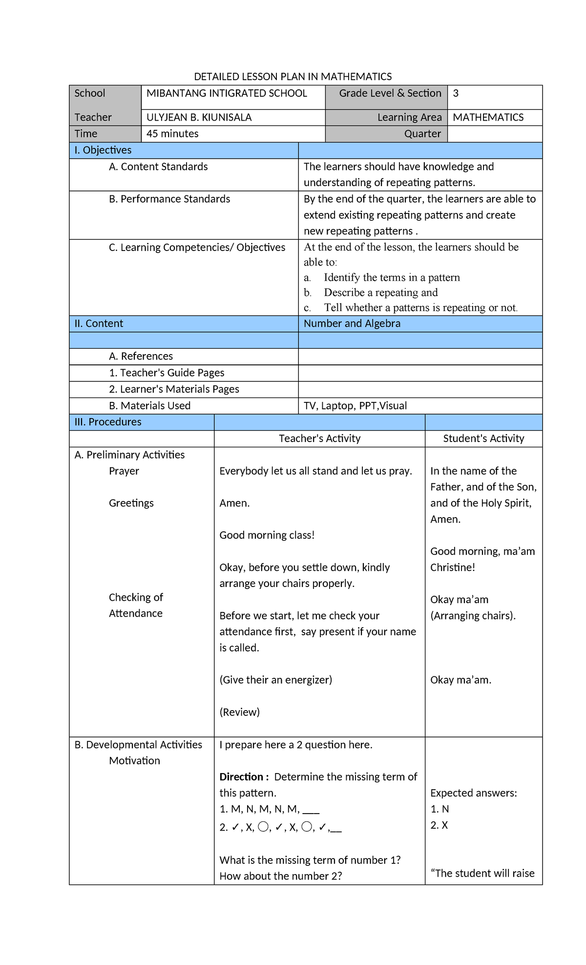 Grade 3 Math Lesson Plan: Understanding Repeating Patterns - Studocu
