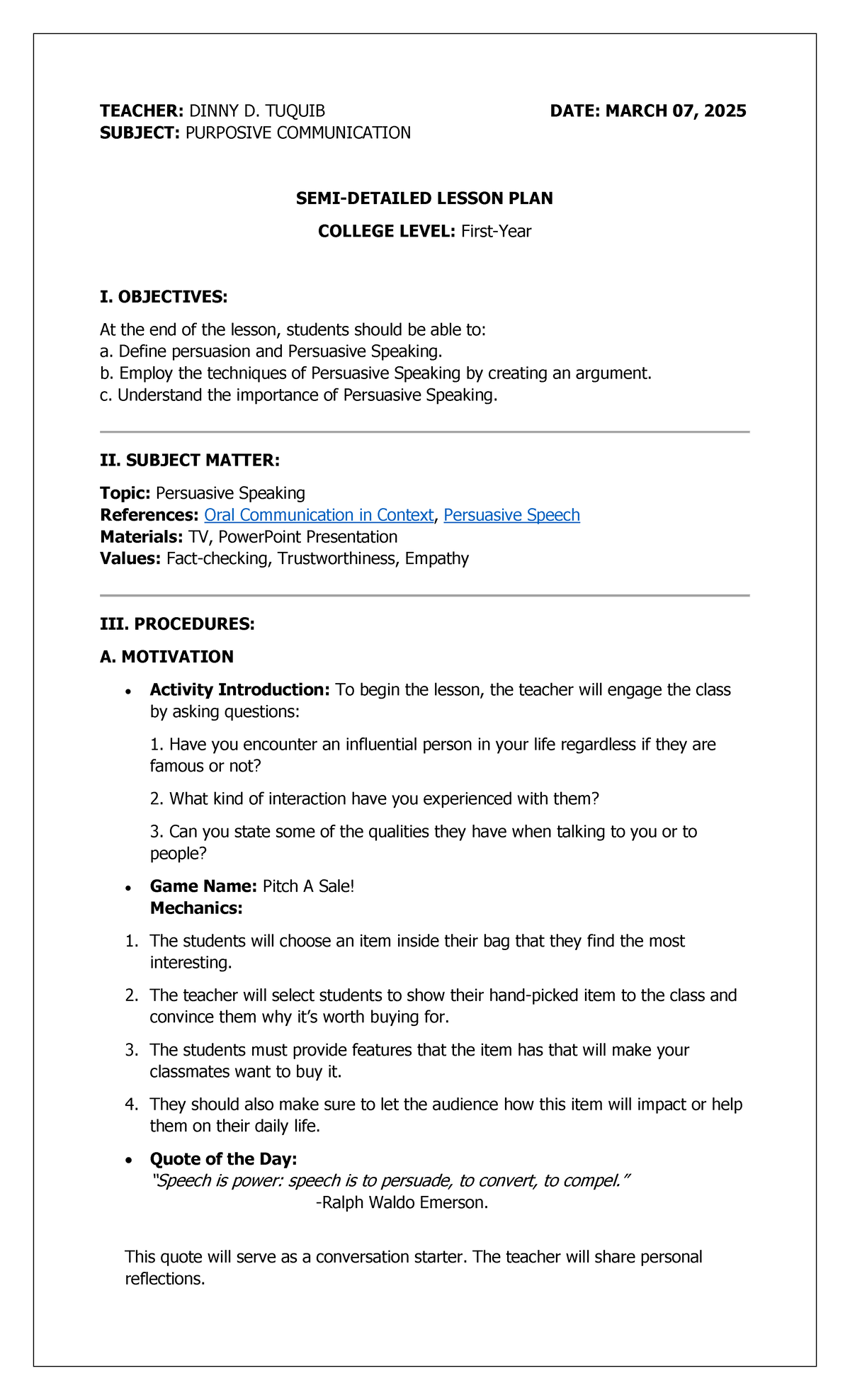 LP-DEMO - Lesson plan for Persuasive Speaking - TEACHER: DINNY D ...