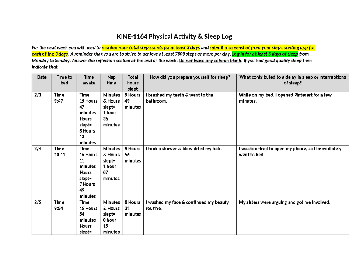 KINE-1164 PA & Sleep Log - KINE-1164 Physical Activity & Sleep Log For ...