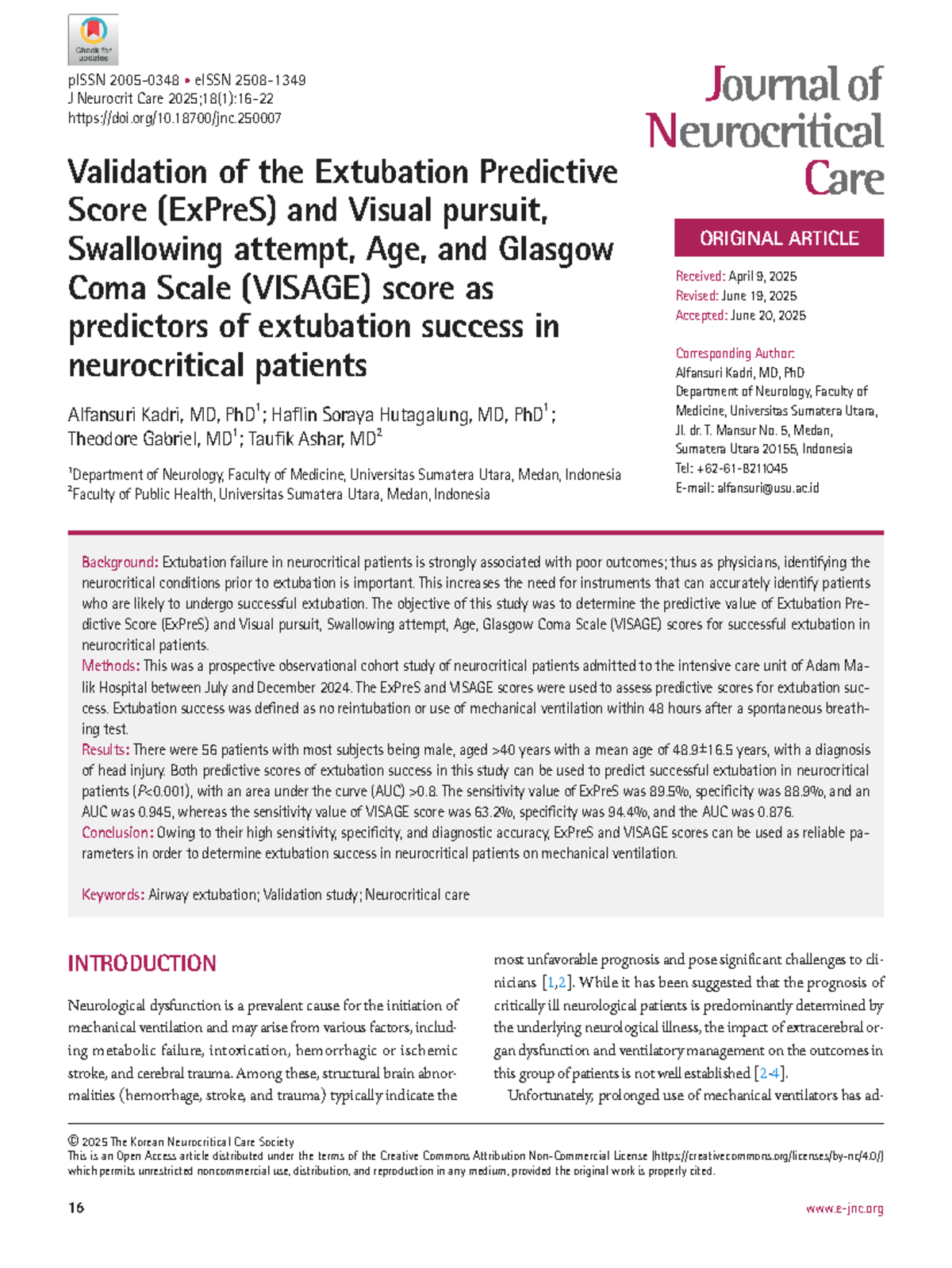 Validation of ExPreS and VISAGE Scores for Extubation Success in ...