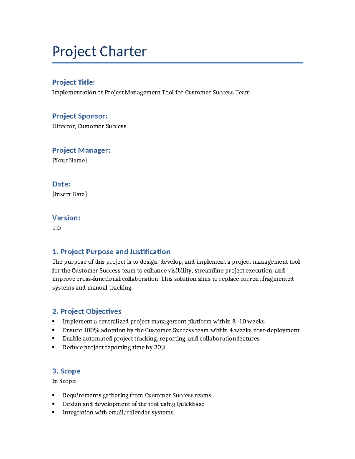Project Charter: Implementation of PM Tool for Customer Success Team ...
