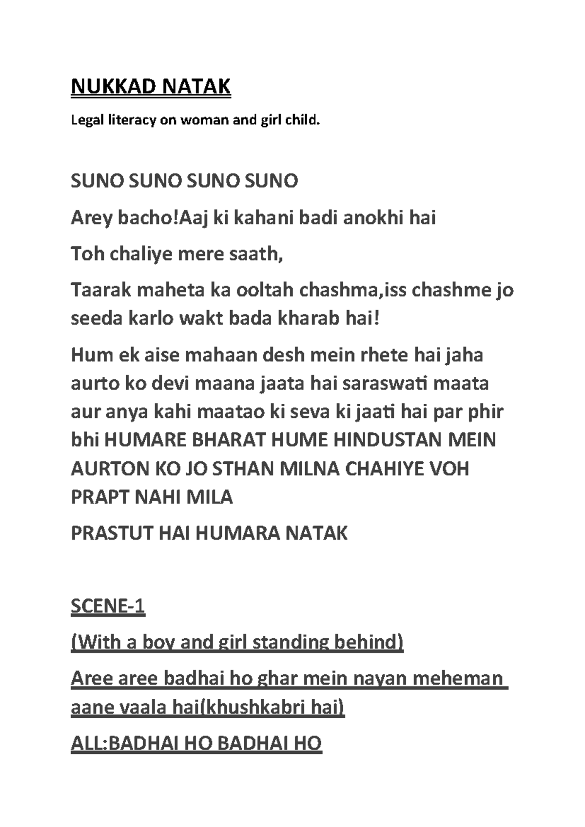 Nukkad Natak Script on Legal Literacy for Women & Girls - Studocu