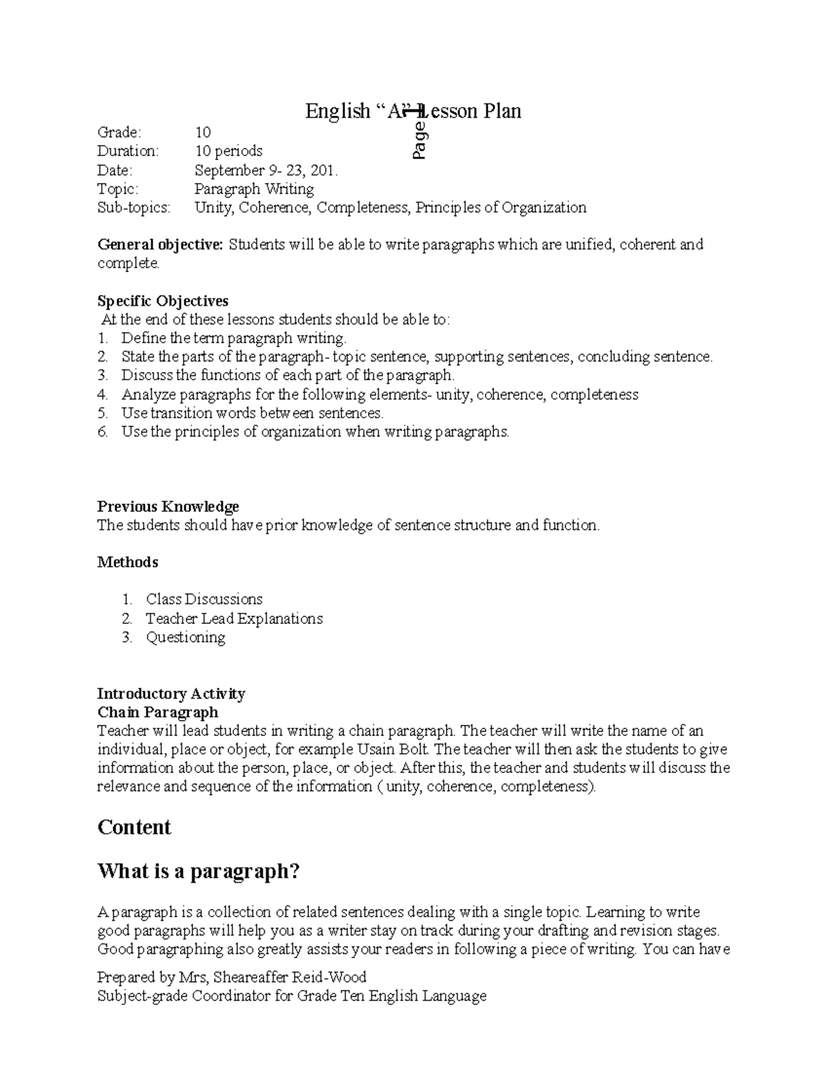 English A - Lesson Plan for Paragraph Writing (Grade 10) - Studocu
