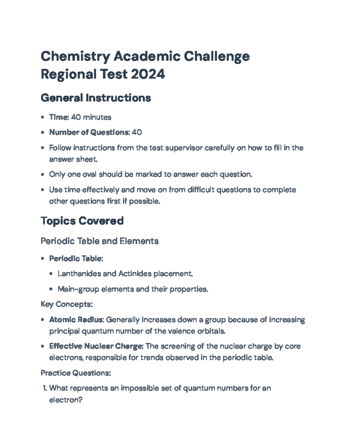 Chemistry Academic Challenge: Regional Test 2024 Study Guide & Prep ...