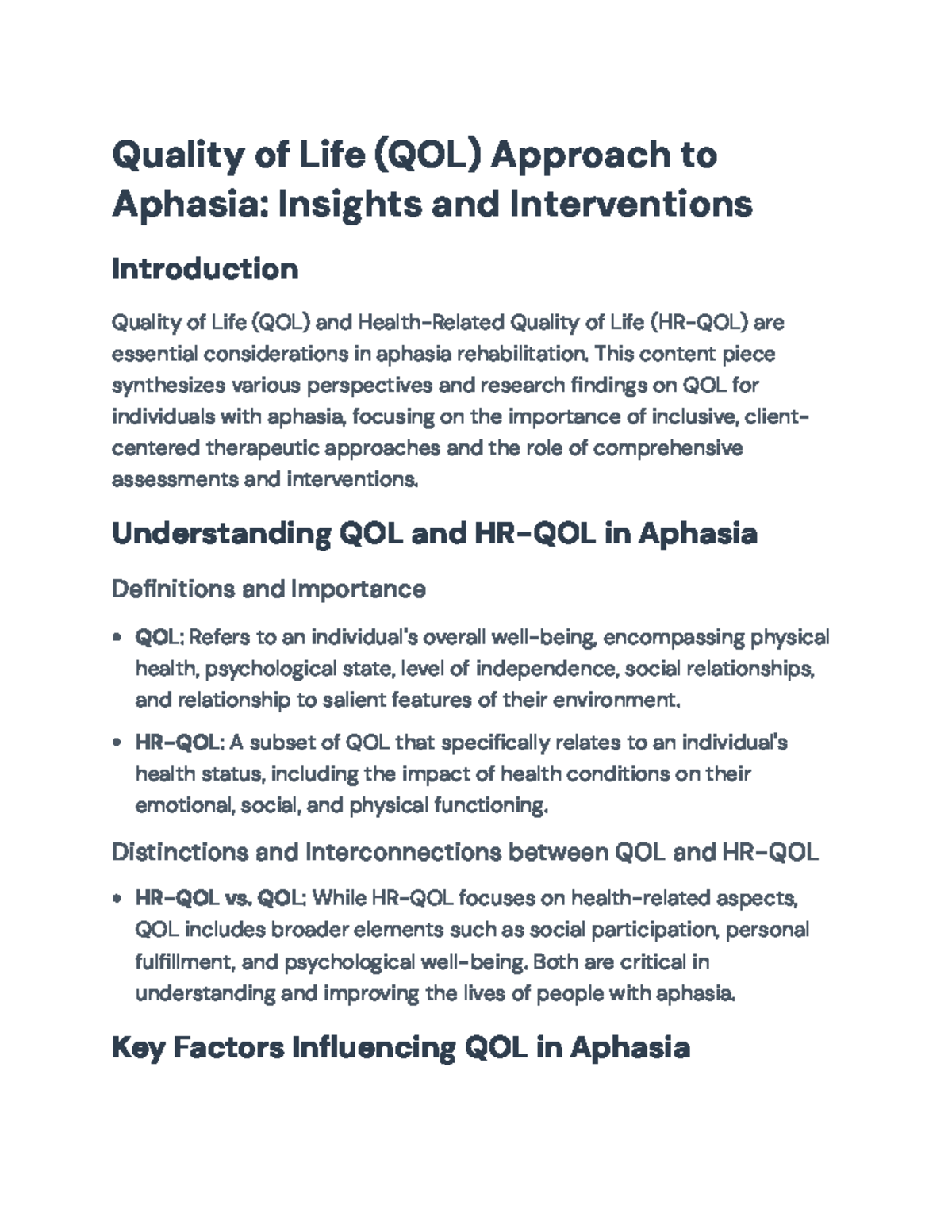 Quality of Life (QOL) Interventions in Aphasia Rehabilitation - Quality ...