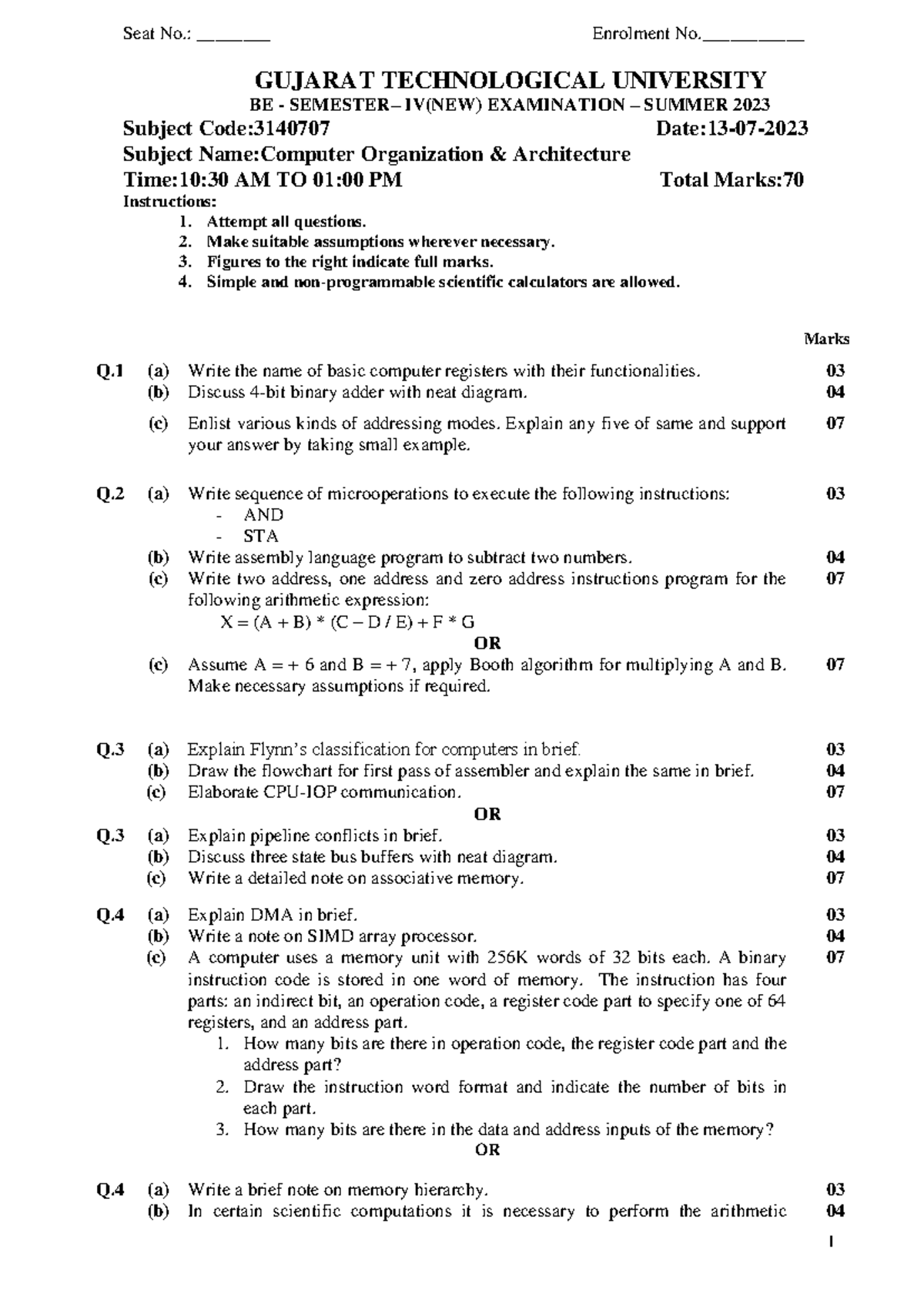 COA - S2023 [3140707] Computer Organization & Architecture Exam Guide ...