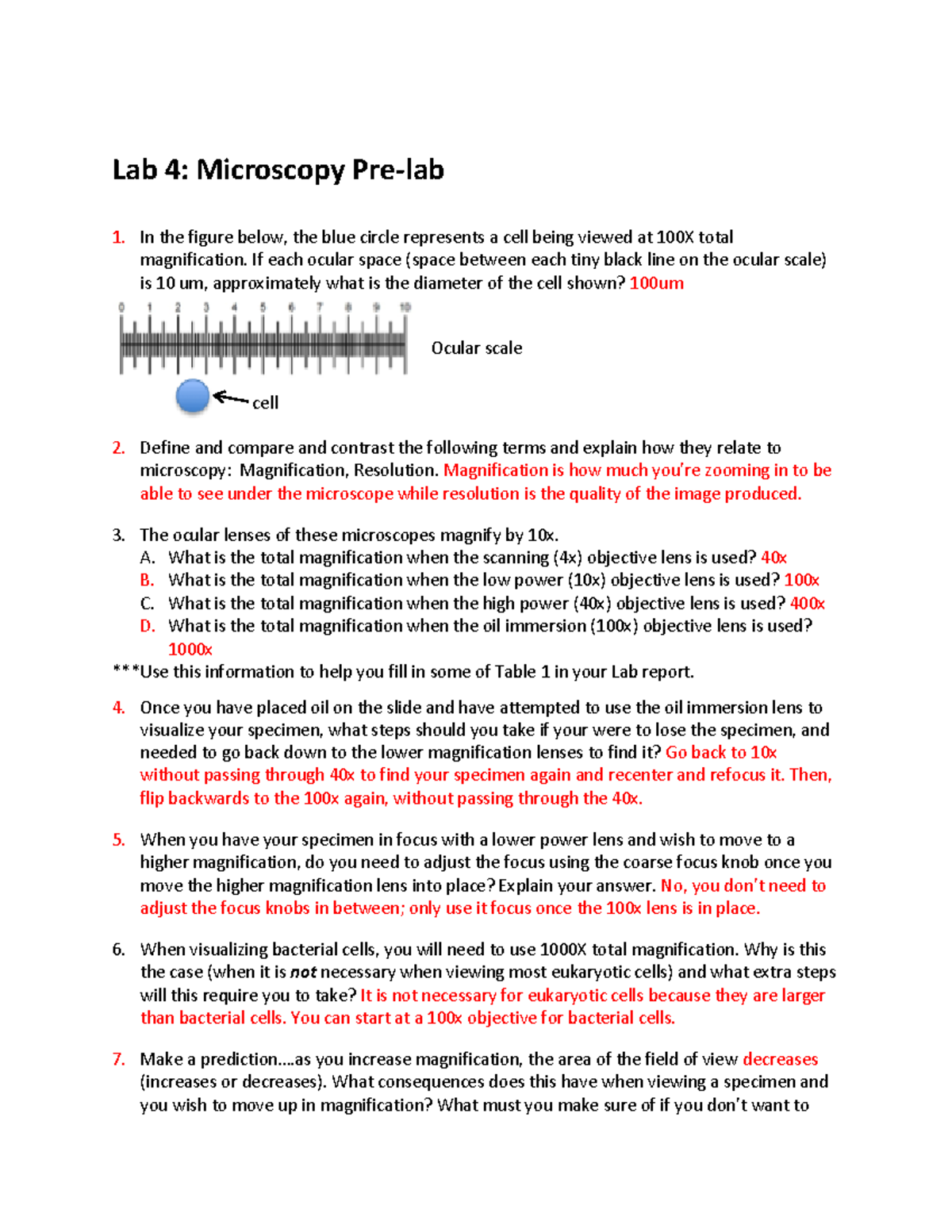 Lab 4: Microscopy Pre-Lab Notes and Total Magnification Guide - Studocu