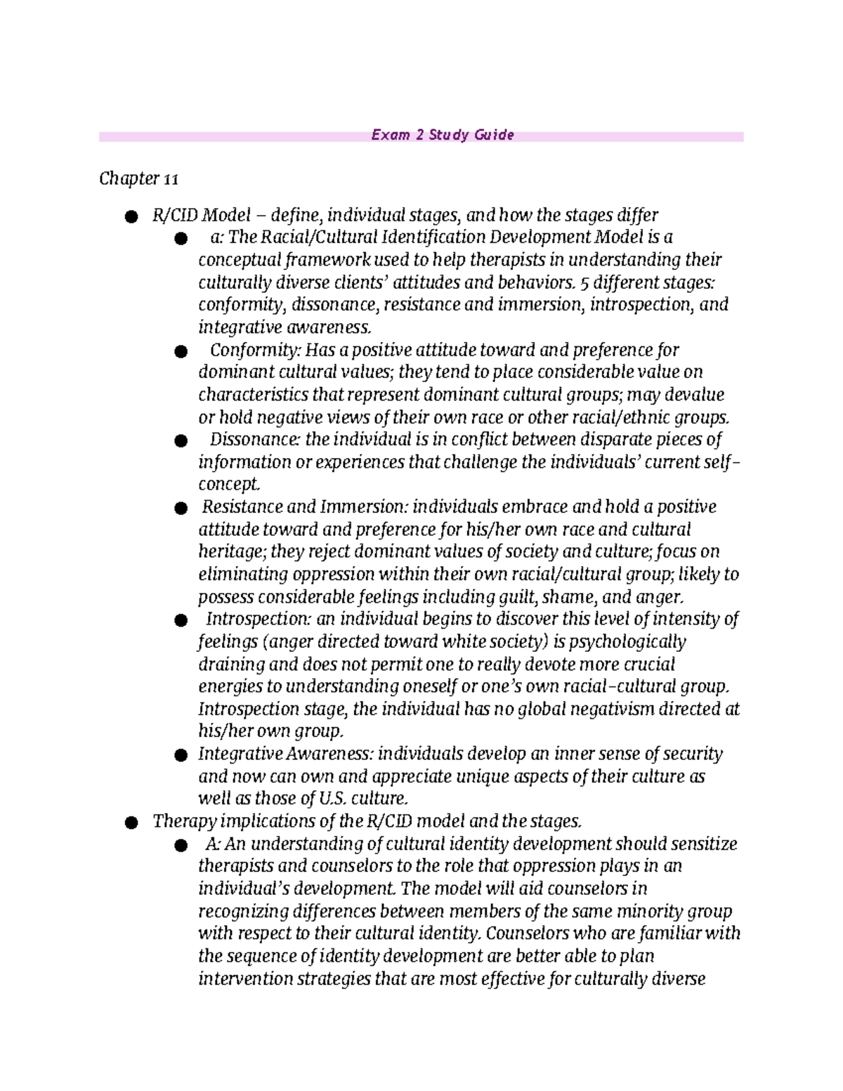 Exam 2 Study Guide - Exam 2 Study Guide Chapter 11 R/CID Model – define ...
