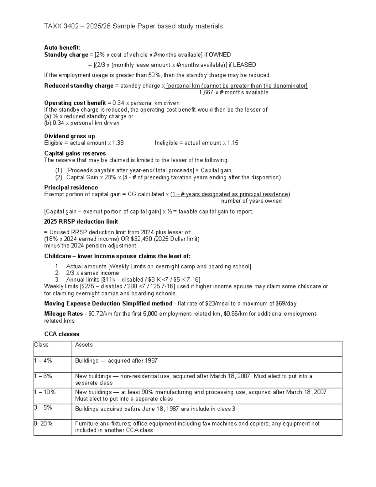 2025-26 TAXX 3402 Sample Paper Study Materials on Tax Benefits - Studocu