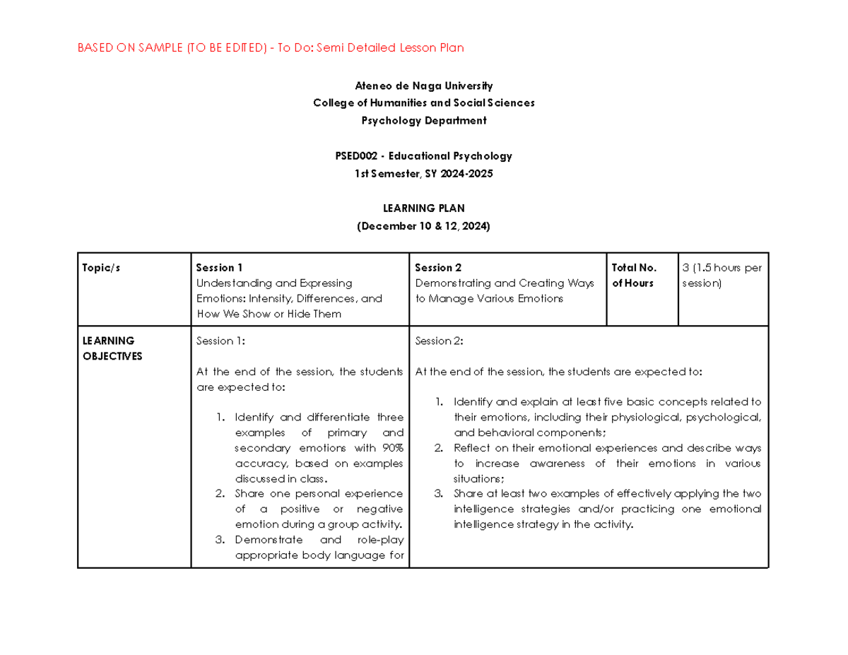 PSED002 - Lesson Plan on Emotional Intelligence and Management - Studocu