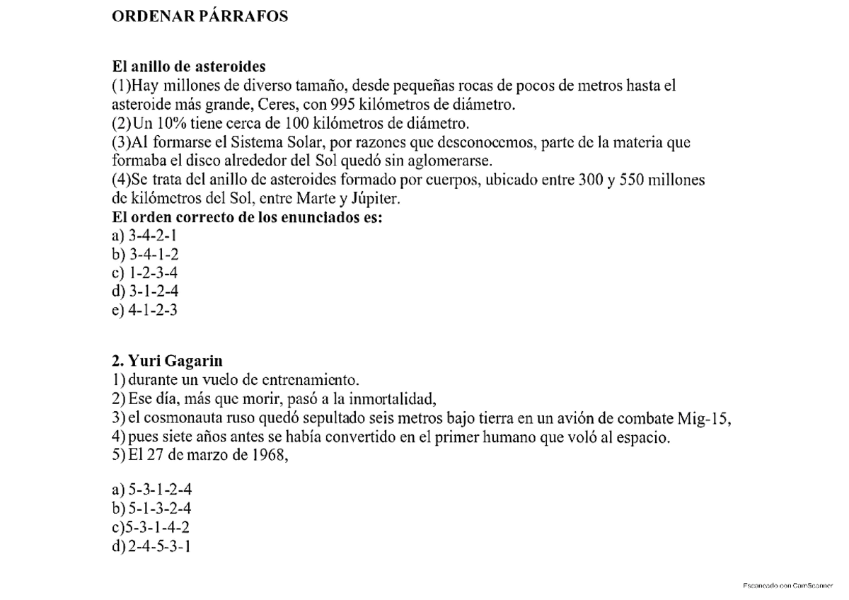Ordenación de oraciones para formar párrafos en Español - Studocu