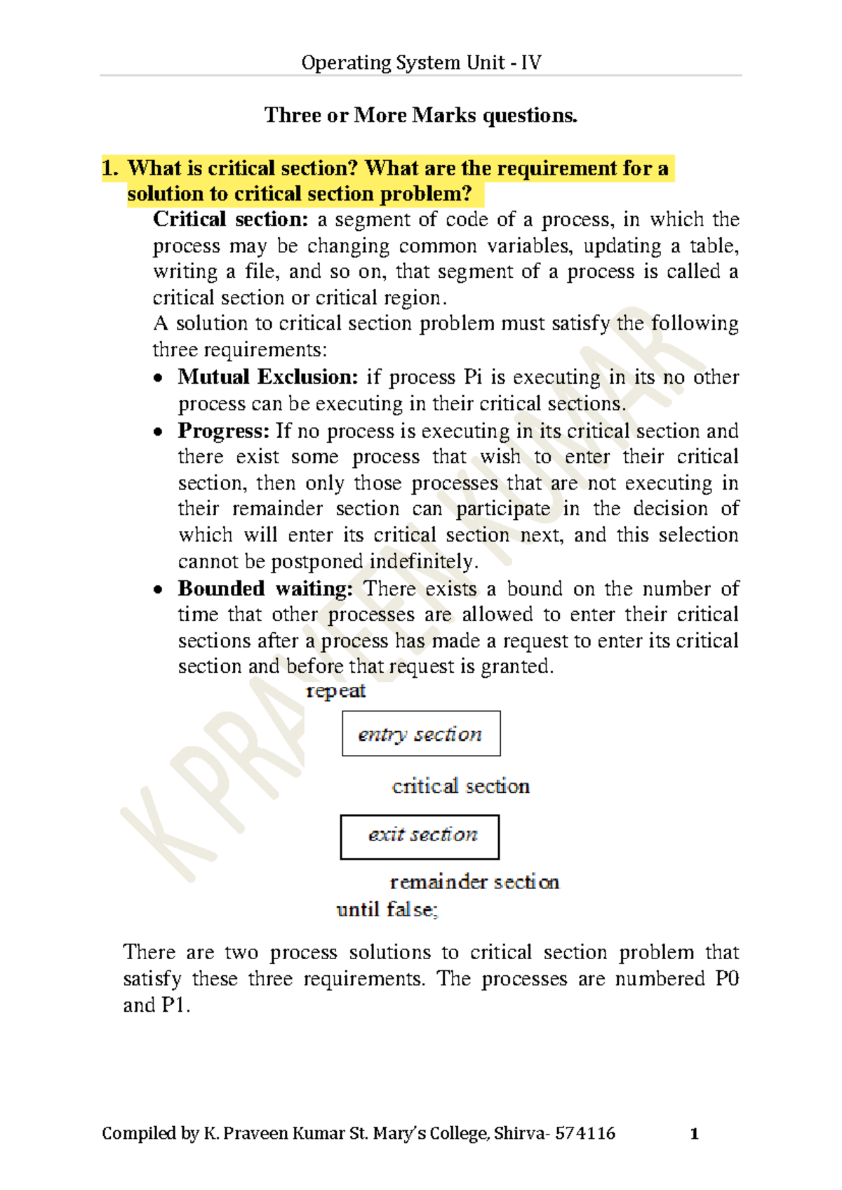 Operating System BCA IV: Critical Section & Synchronization Notes - Studocu