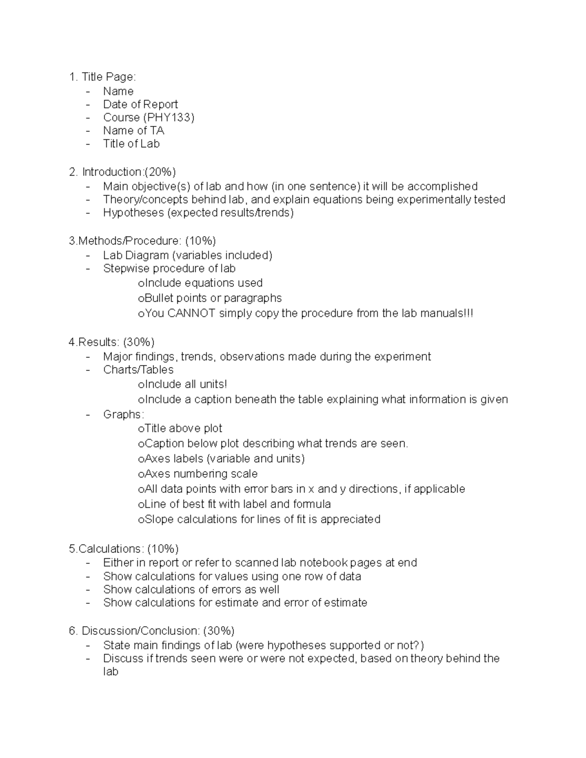 PHY133 Lab Report Outline: Objectives, Results, and Calculations - Studocu