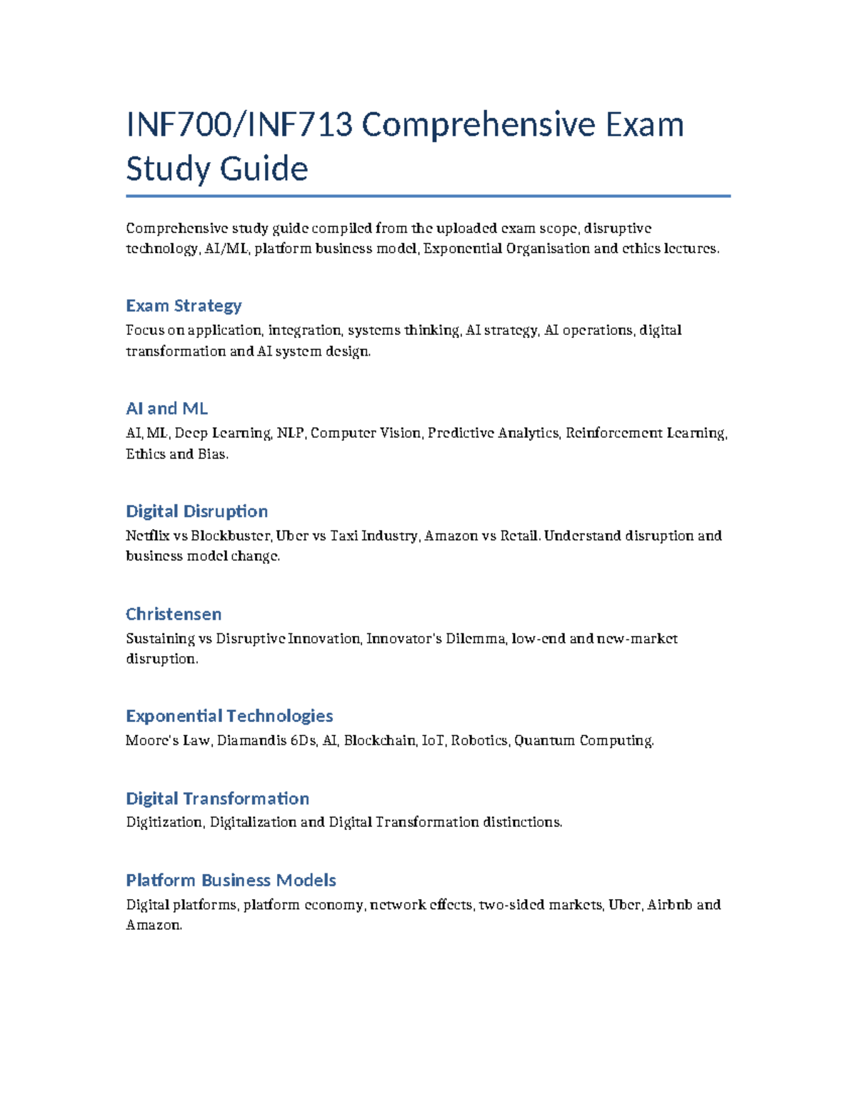 INF700 Comprehensive Exam Study Guide on Disruptive Technologies - Studocu