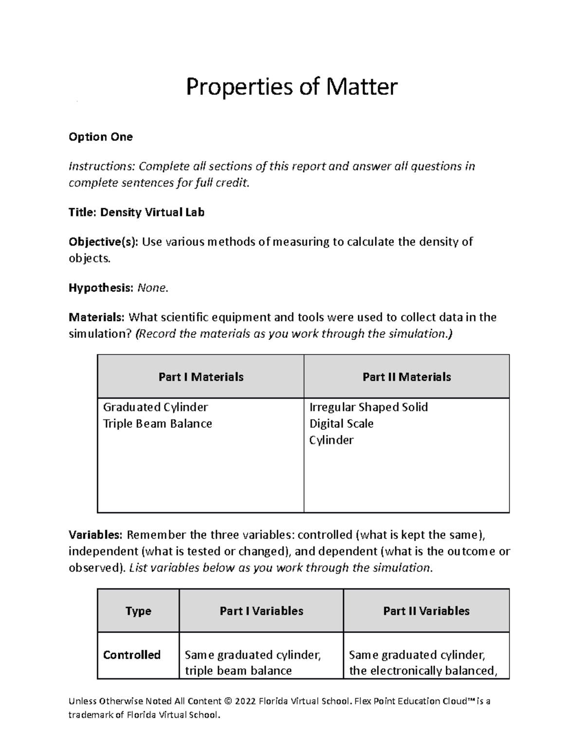 1.07 Properties of Matter: Density Virtual Lab Report - Studocu