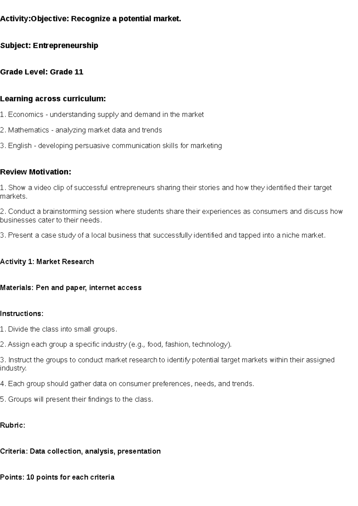 Recognizing Potential Markets in Entrepreneurship - Grade 11 Activities ...