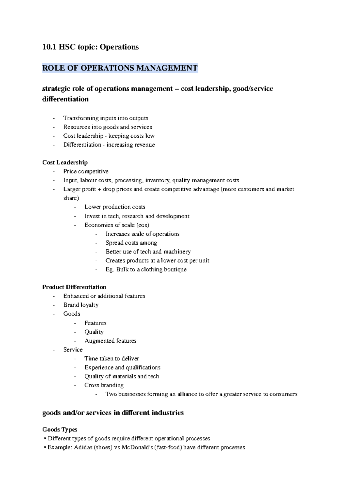 Business Studies Operations notes - 10 HSC topic: Operations ROLE OF ...
